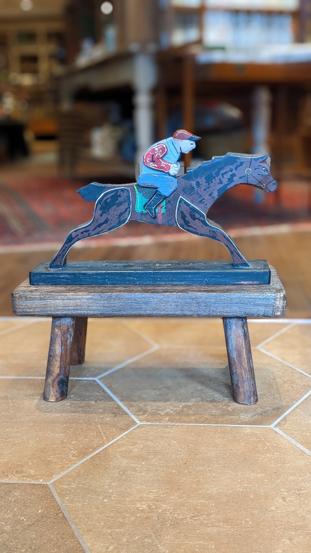 Vintage Folk Art Wooden Race Horse Carving: Hand-painted Jockey Decor ...