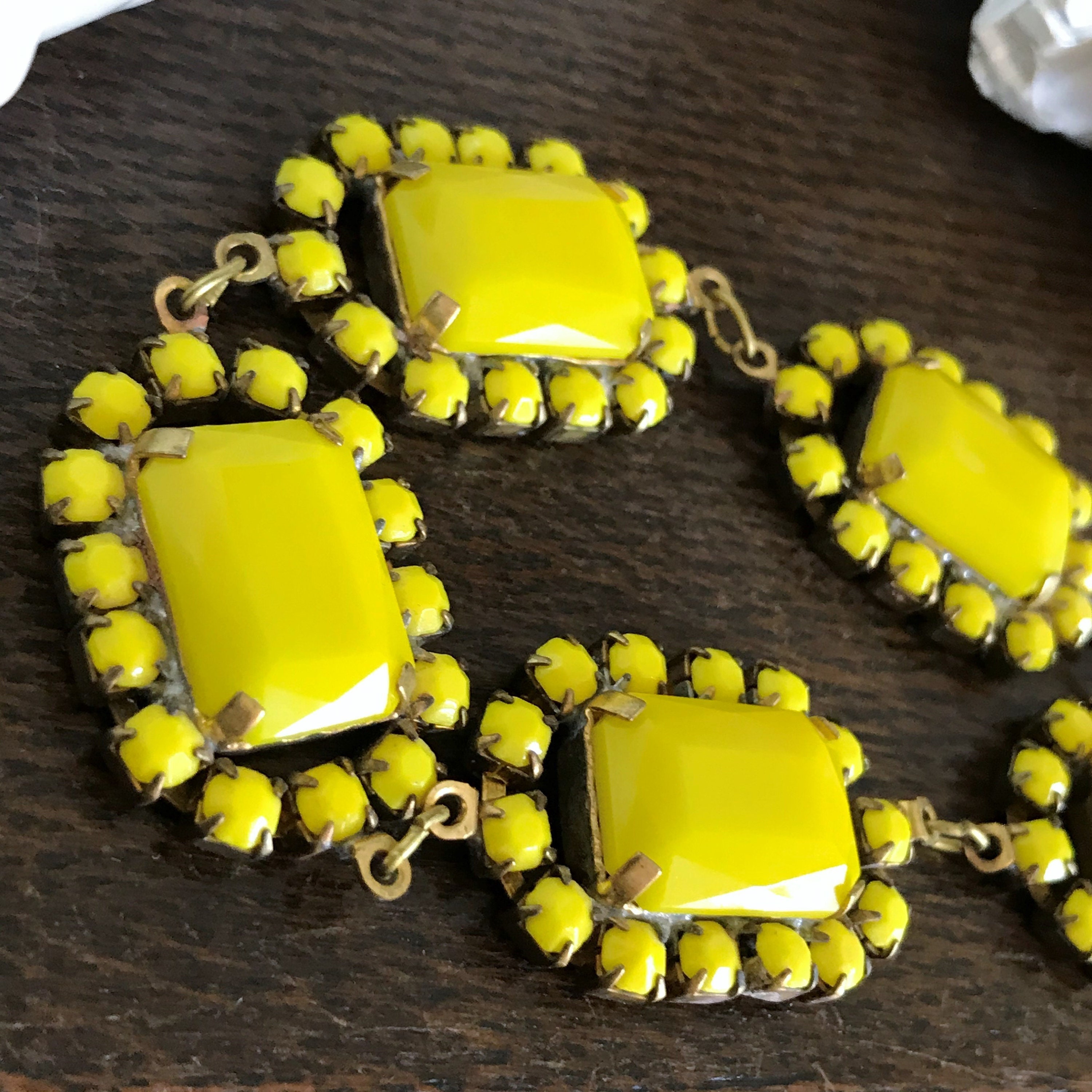 Vintage Rhinestone Bracelet Yellow Cabochon Bracelet Vintage | Etsy