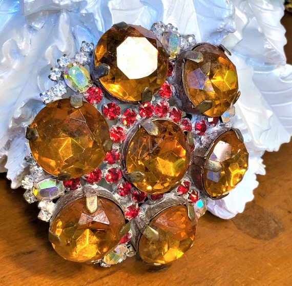 Vintage Rhinestone Topaz Pin, Rhinestone Amber Statem… - Gem