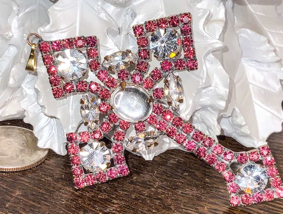 Vintage Czech Rhinestone Cross Pendent, Pink Crystal Cross, Cross ...