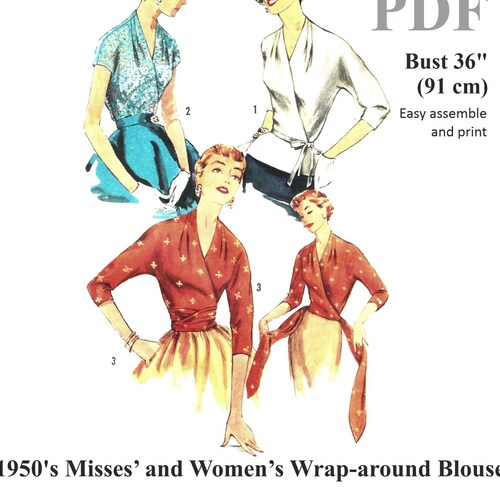 1950s Wrap-around Blouse Top Sewing Pattern Bust 36 91 - Etsy