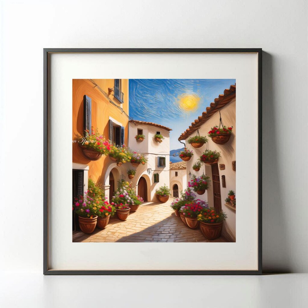 Mediterranean Village Acrylic Painting Print: Cobblestone Street Art ...