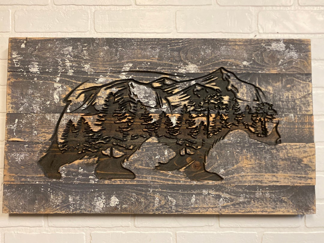 Bear With Mountains and Trees Carved in Wood - Etsy
