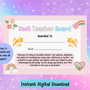 Best Teacher Award, Teacher Thank You Card, Thanks Teacher, Award ...