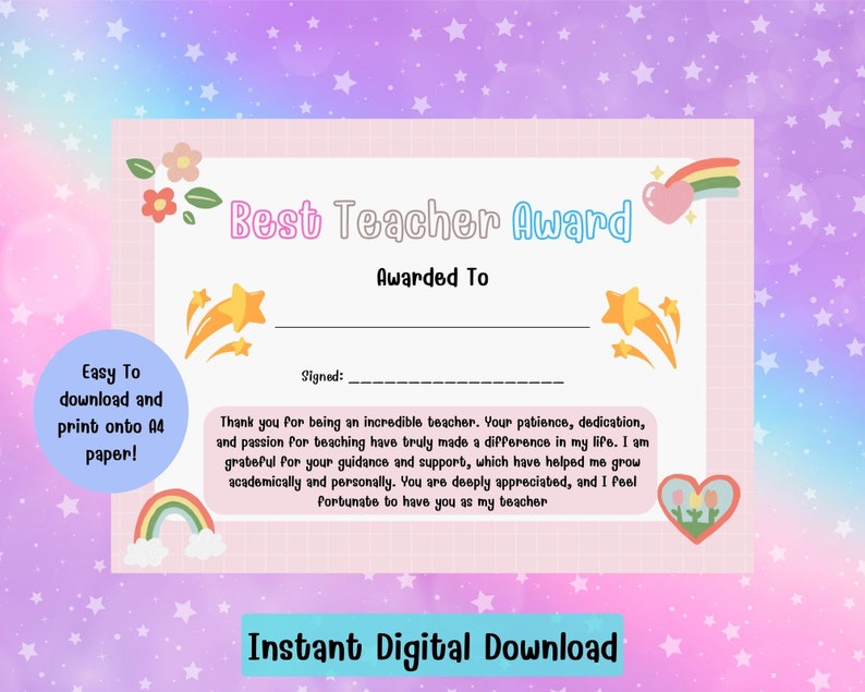 Best Teacher Award, Teacher Thank You Card, Thanks Teacher, Award ...