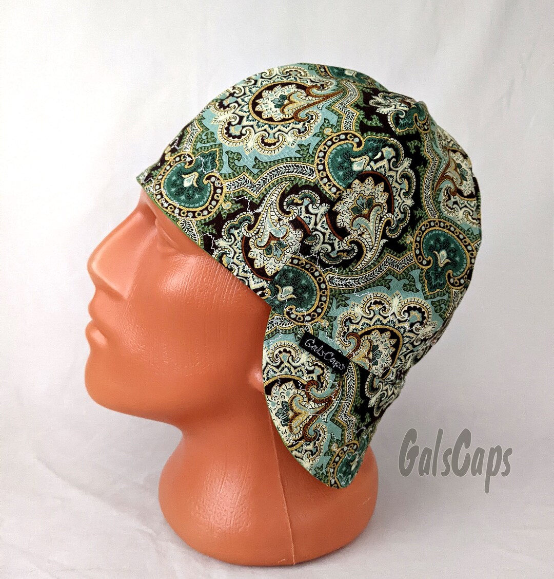 Green Floral Paisley Metallic Bikers Caps Welding Cap Hat Cotton Weld ...