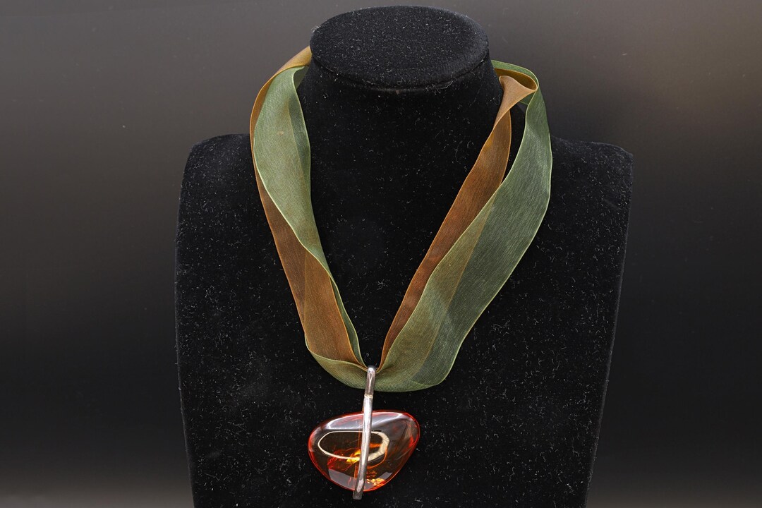 Avant Garde Pendant Necklace on A Double Organza Ribbon, Large Amber ...