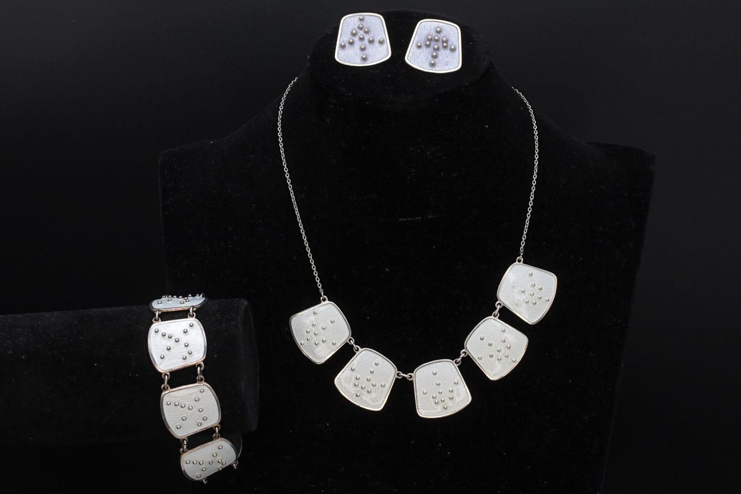 Karl Rasmussen Norway, Vintage Modernist Jewelry Set, White Enamel and ...