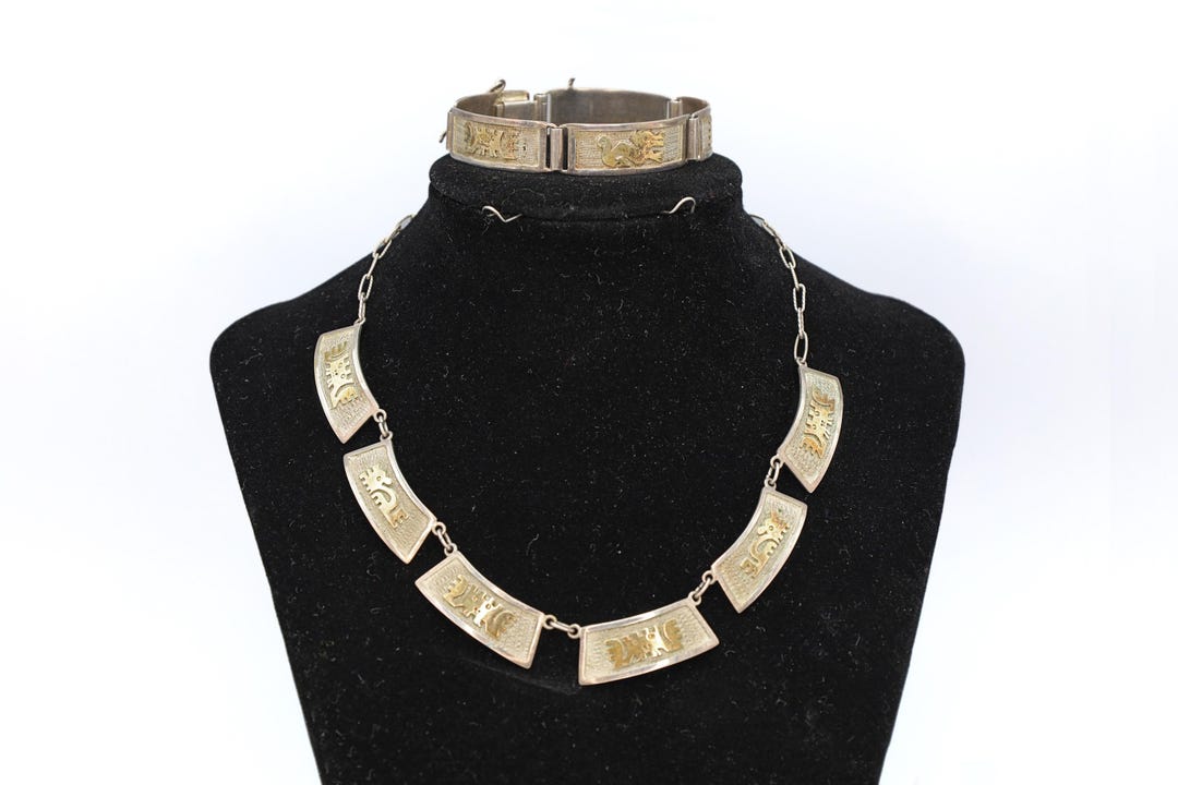 Vintage 1950s Jewelry Set, Inca Quechua 900 Silver and 18 Karat Yellow ...