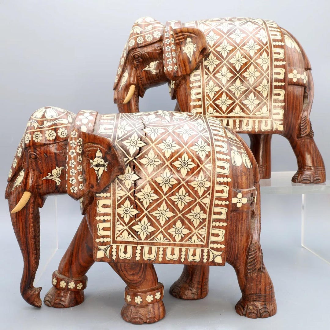 Pair of Anglo Indian Rosewood Elephants With Floral Inlay, British ...