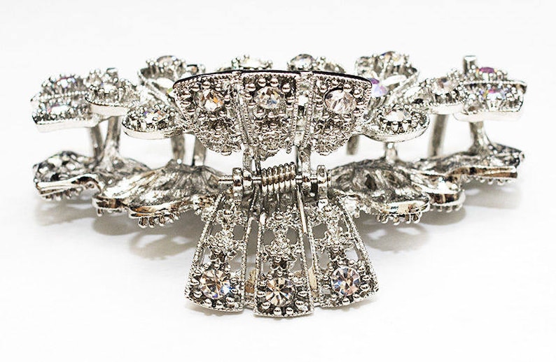 Silver Metal Flower Hair Claw Clip With Crystals Rhinestones Bridal ...