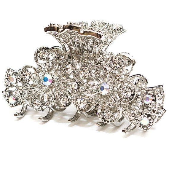 Silver metal flower hair claw clip with crystals rhinestones | Etsy