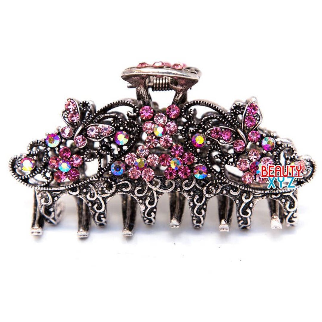 Woman's Metal Pink Rhinestones Bling Butterfly Hair Claw Hair Clip ...