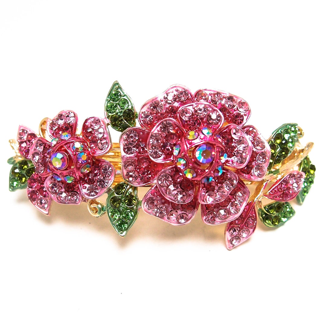 Flowers Pink Crystal Rhinestones Gold Plated Standard Size Hair ...
