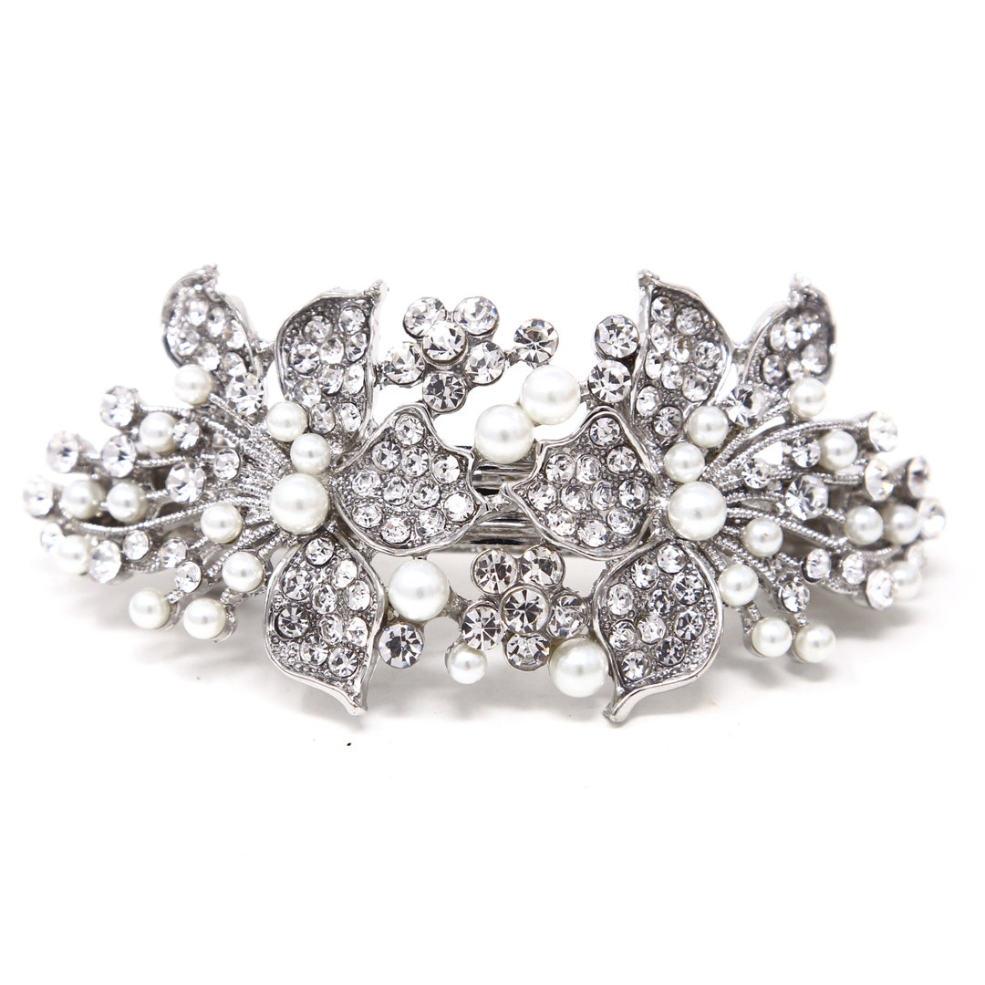 Woman Hair Barrette Silver Color Rhinestones Crystal Metal Flower Hair ...