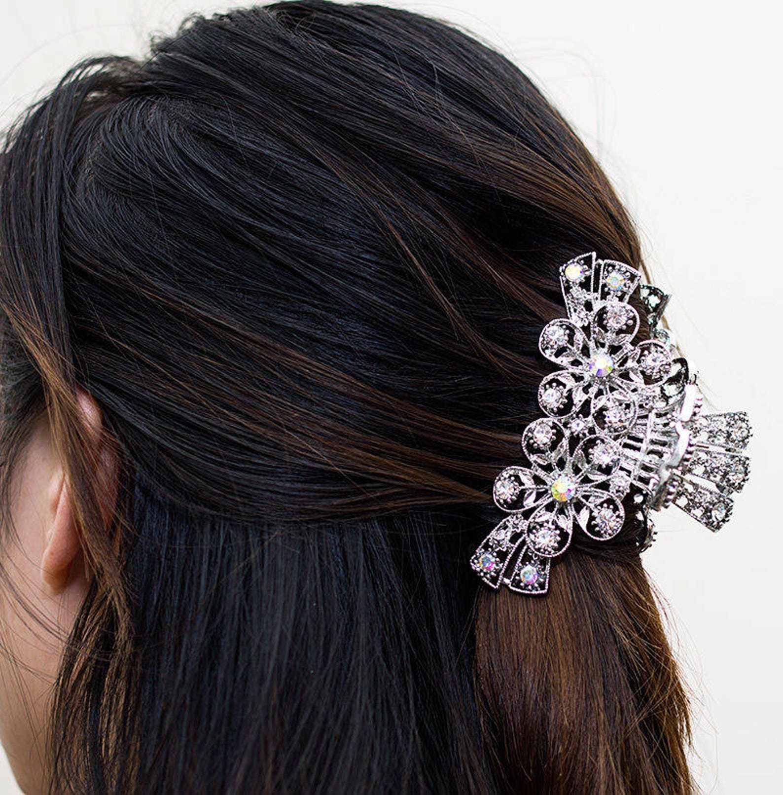 Silver Metal Flower Hair Claw Clip With Crystals Rhinestones Bridal ...