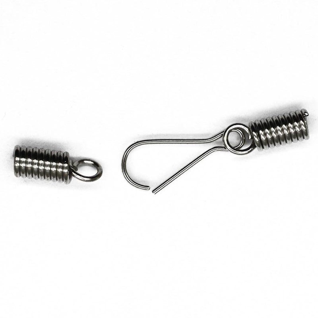 Spring Hook Clasp for Leather / Cord. Coil Crimp Ends. Silvertone. Pack ...
