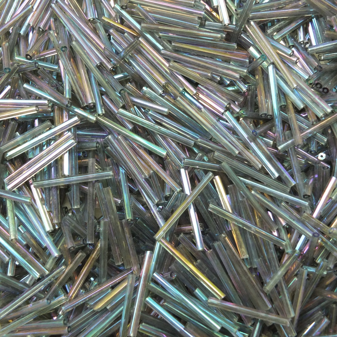 Czech Glass Bugle Beads 25mm ( 1 Inch ) Gray Transparent Iris Rainbow ...