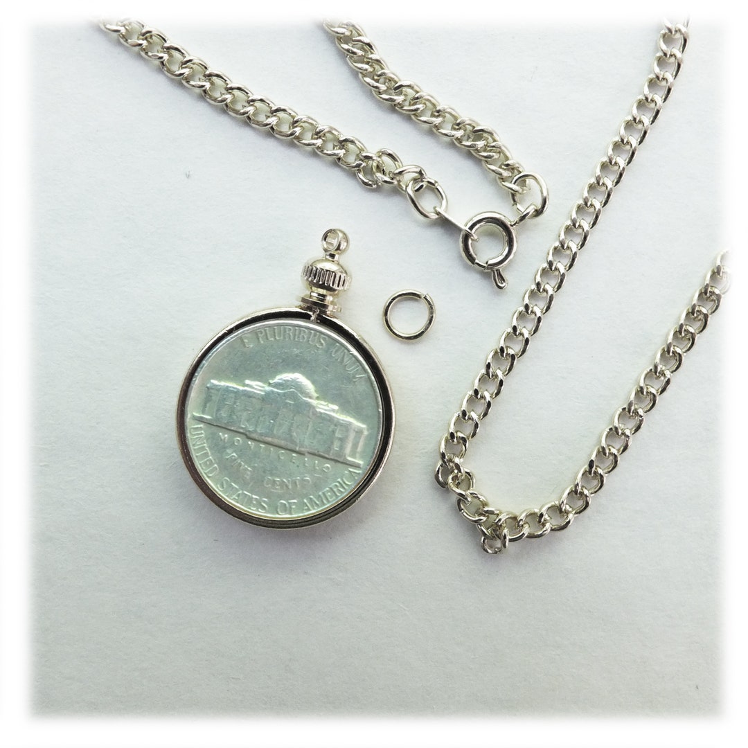 Coin Holder Bezel Nickel USA 5 Cent Silver Tone Link Necklace 24" Chain ...