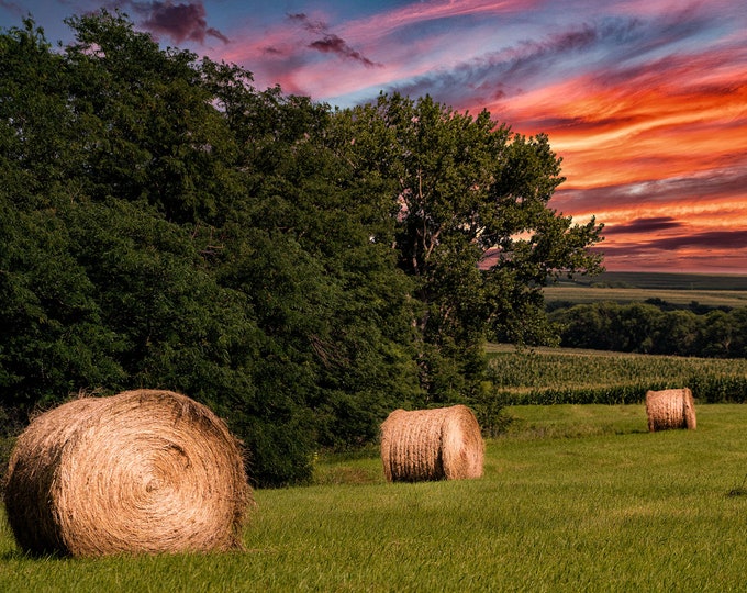 Nebraska Sunset, Hay Bales, Rural Nebraska, Round Bales, Great Plains ...