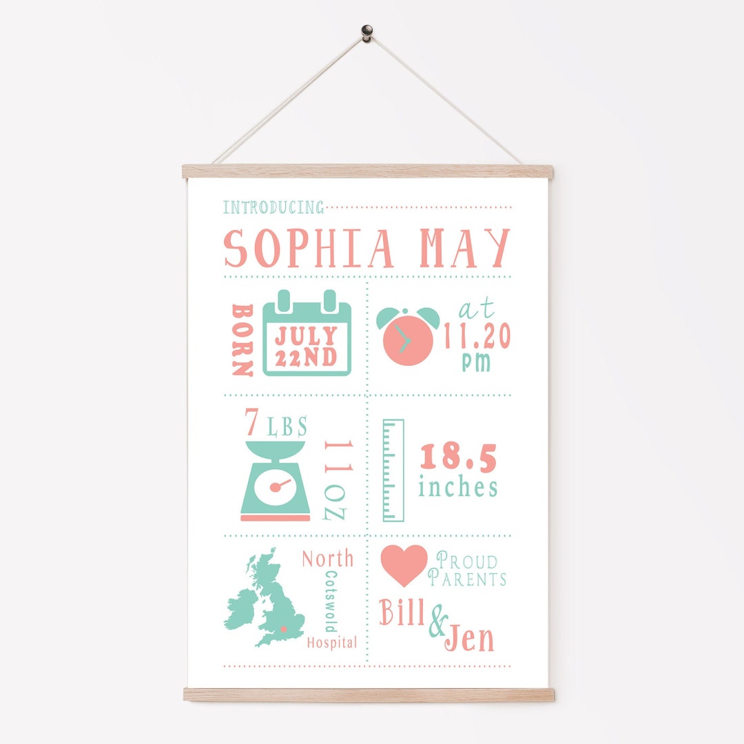 Personalised Baby Chart Pink Birth Print A3 - Luxury Fabric Material ...