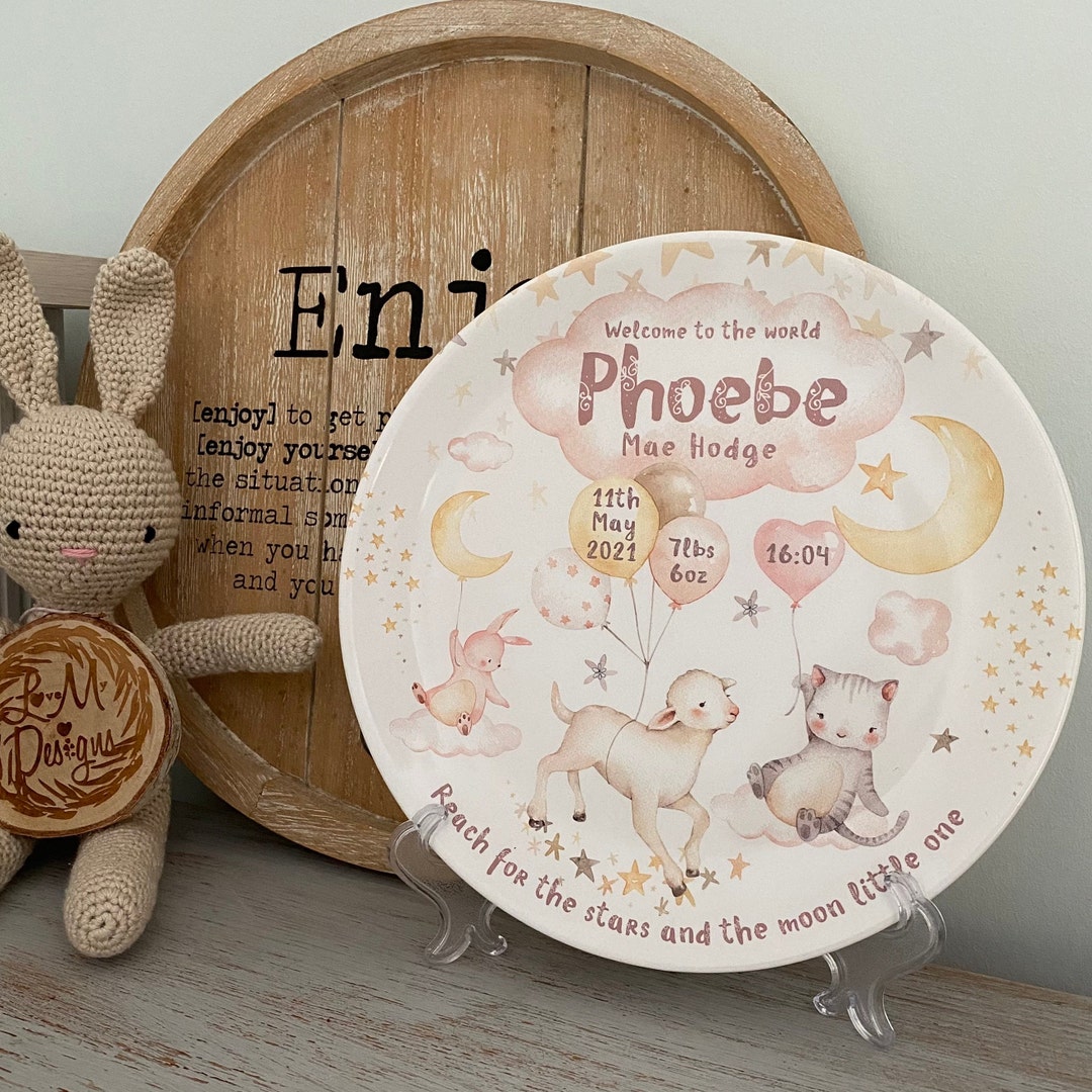 Personalised Birth or Christening Plate - Animal Lullaby Pink - Ideal ...