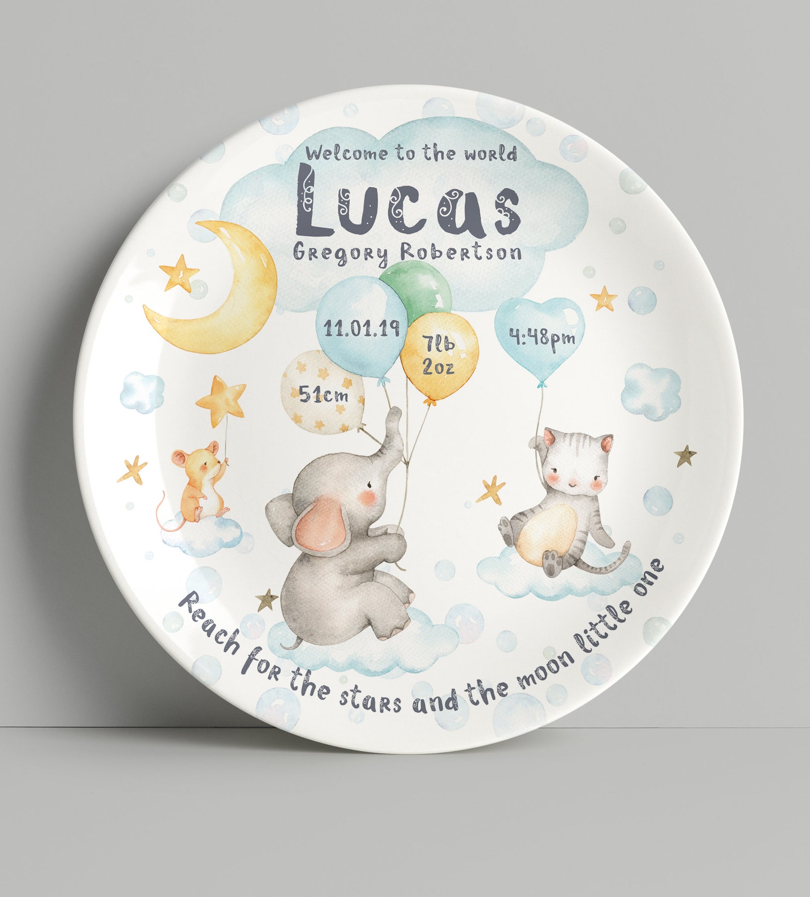 Personalised Birth or Christening Plate Animal Lullaby Blue Ideal ...