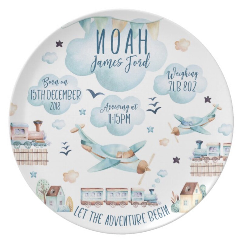 Personalised Birth or Christening Plate Planes and Trains - Etsy