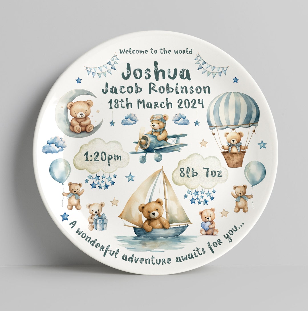 Personalised Birth or Christening Plate - Teddy Fun Blue - Ideal ...