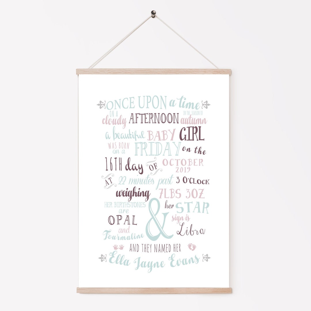 Personalised Baby Birth Story in Pink Print A3 - Luxury Fabric Material ...