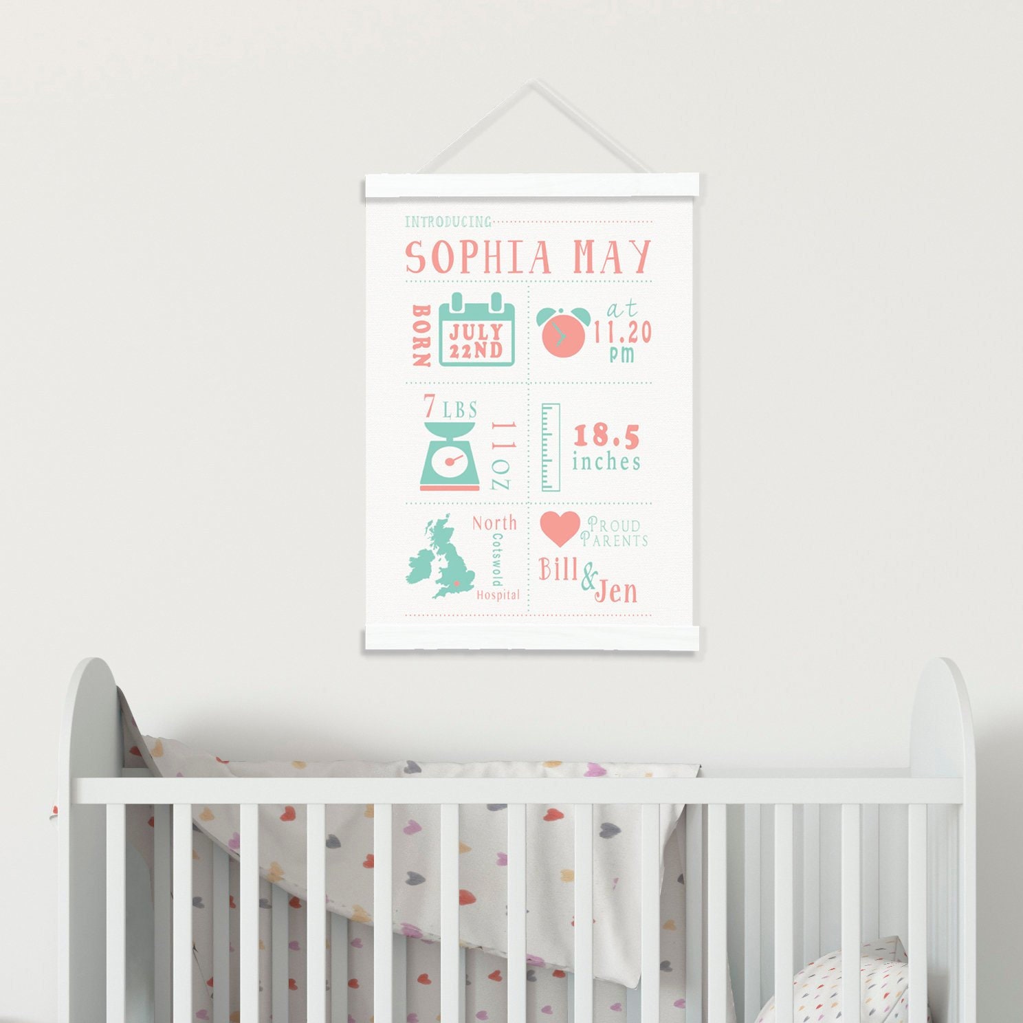 Personalised Baby Chart Pink Birth Print Luxury Fabric | Etsy