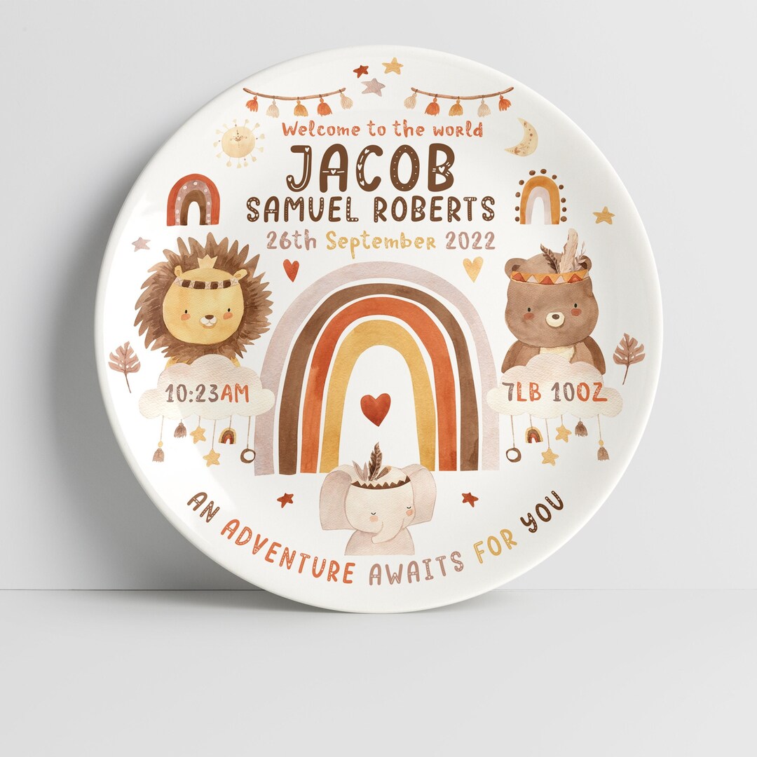 Personalised Birth Plate - Boho Rainbow Animals - Ideal Newborn Baby ...
