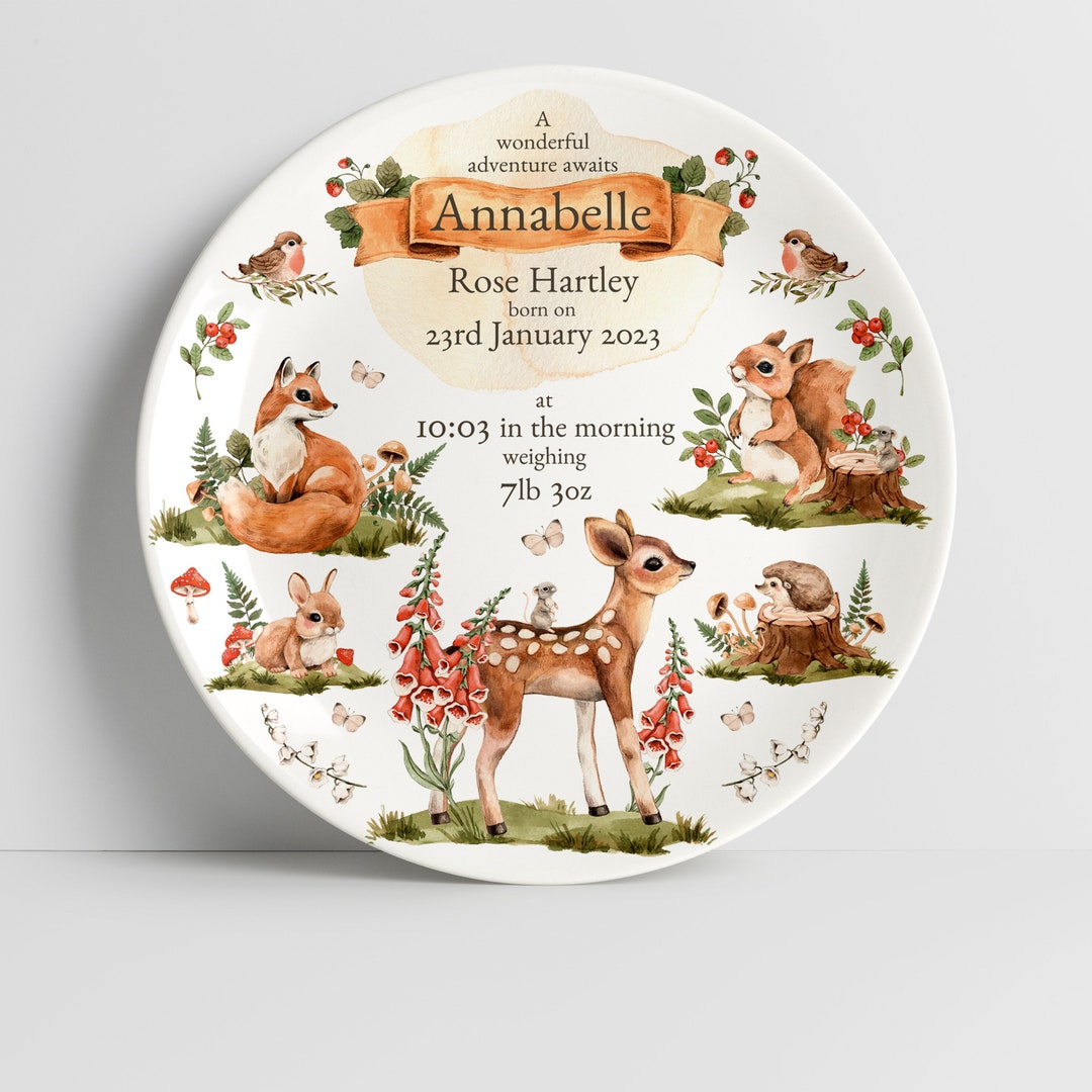 Personalised Birth Plate - Pretty Woodland Forest Animals - Ideal ...