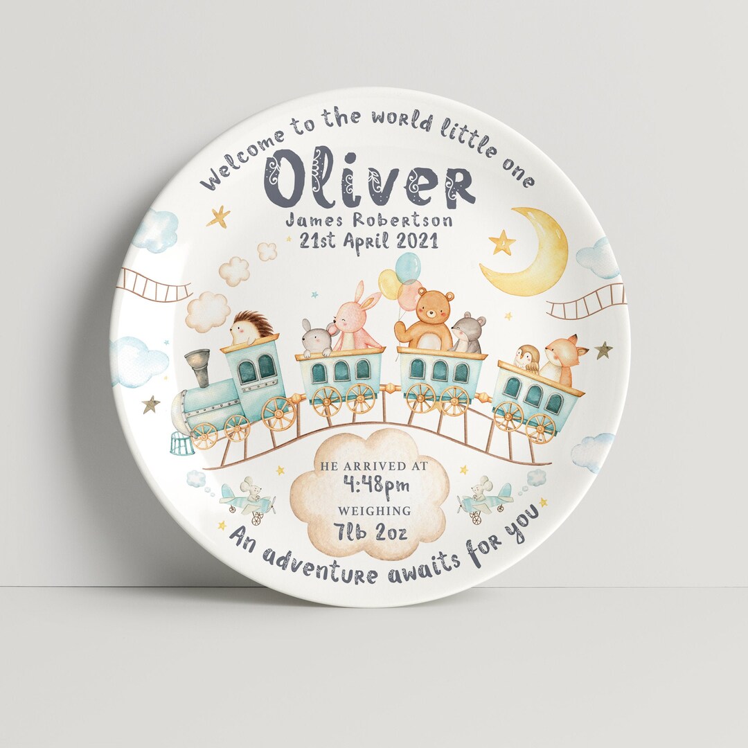 Personalised Birth Plate Watercolour Train Animals Ideal - Etsy