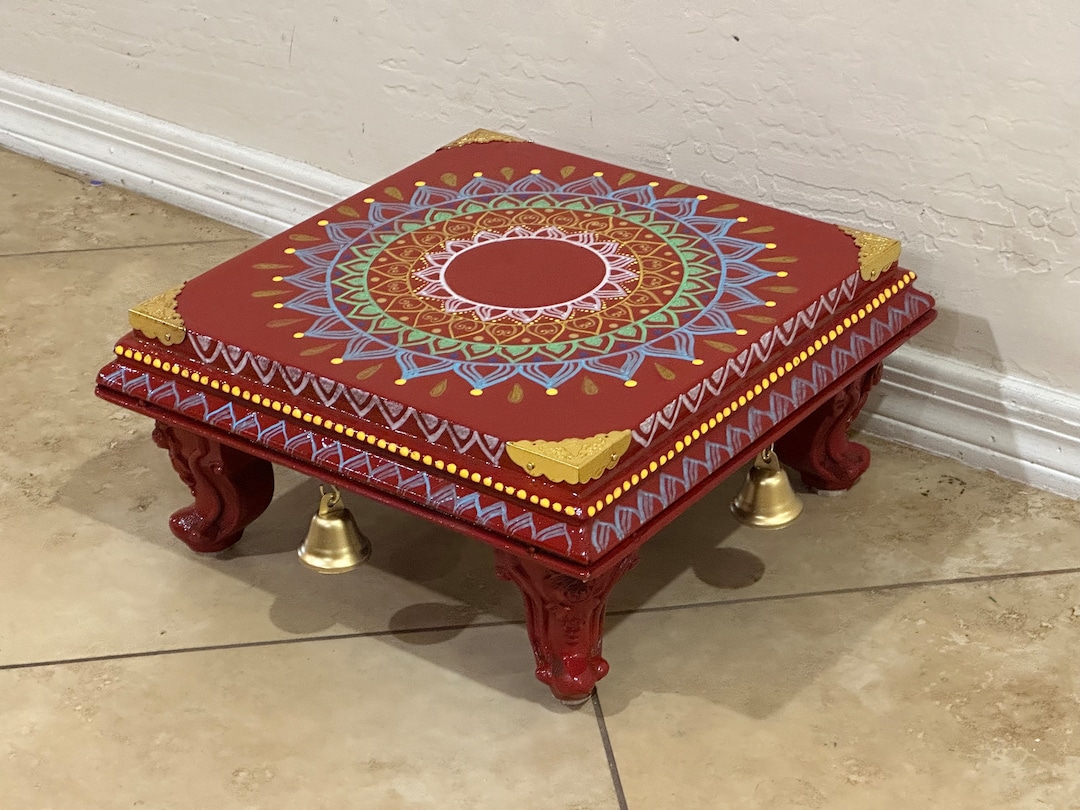 Pooja,table,chowki,ganesha,hindu,temple,hard,wood,home,decor,bells,puja ...