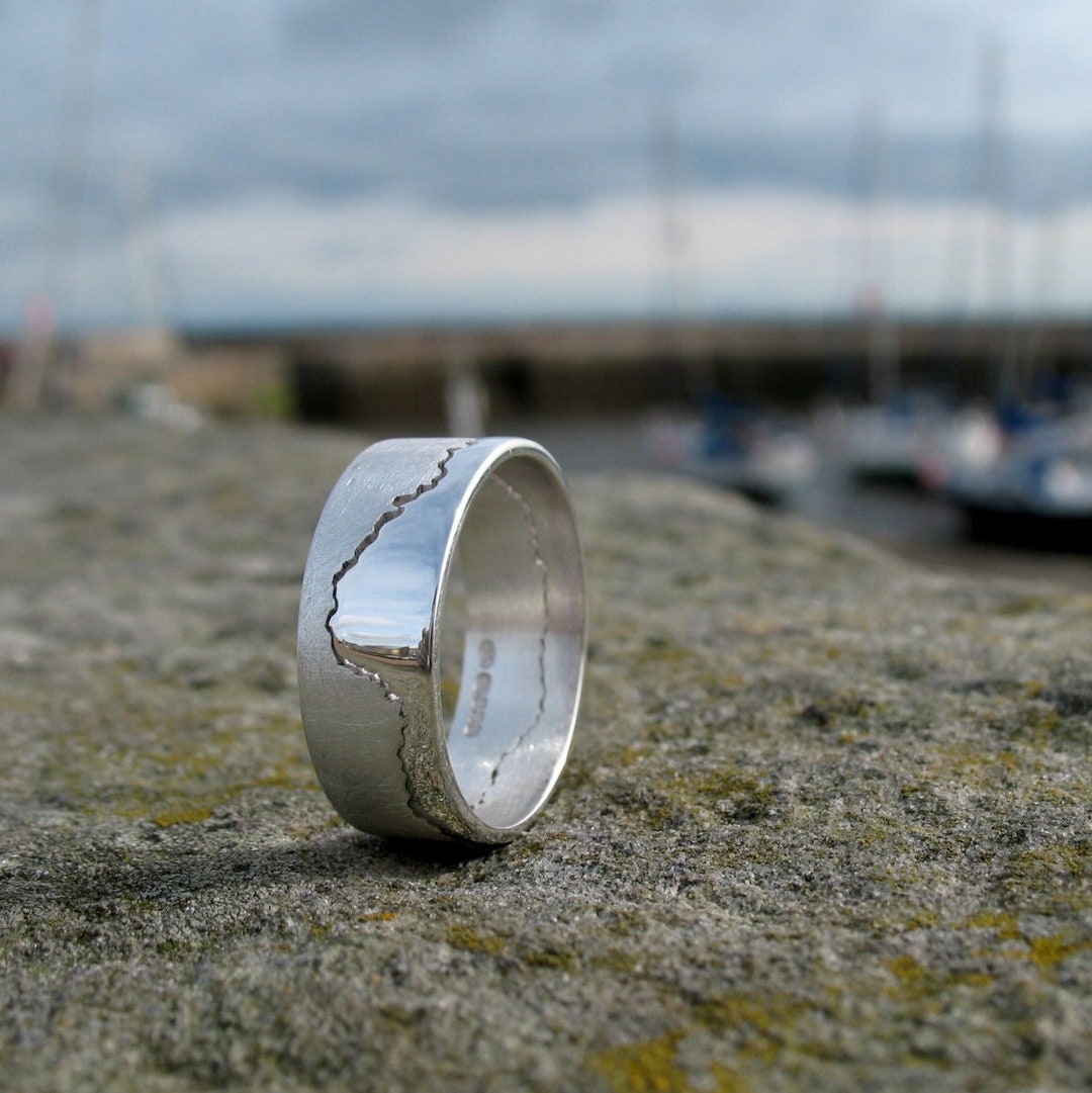 Custom Silver Map Ring for Her | Coastline Two Piece Wedding Band ...