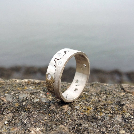 Mens 18ct White Gold Diamond Studded Coastline Ring Two Piece Ring Wedding Band Diamond Ring for Him Map Jewellery Coast Ring Etsy