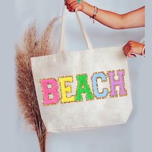 Custom BEACH Bag, Beach Tote Bag Chenille Patch Beach Tote Bag, Large ...