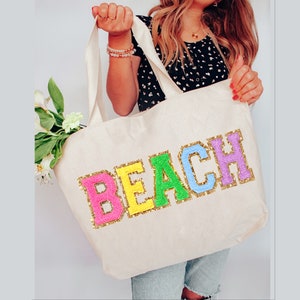 Custom BEACH Bag, Beach Tote Bag Chenille Patch Beach Tote Bag, Large ...