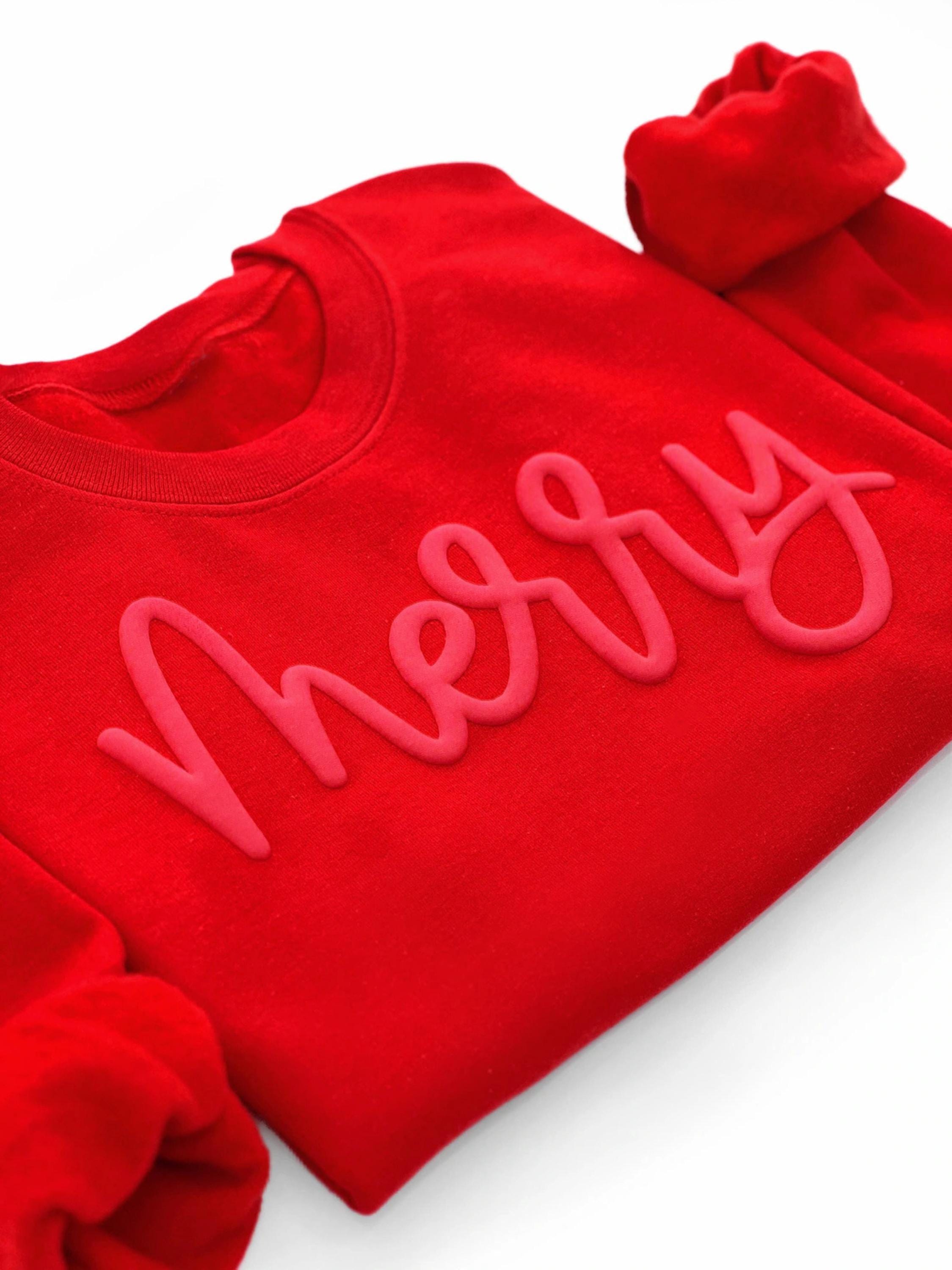 Merry Christmas Sweatshirt Black Pullover With Puffy Red Lettering ...