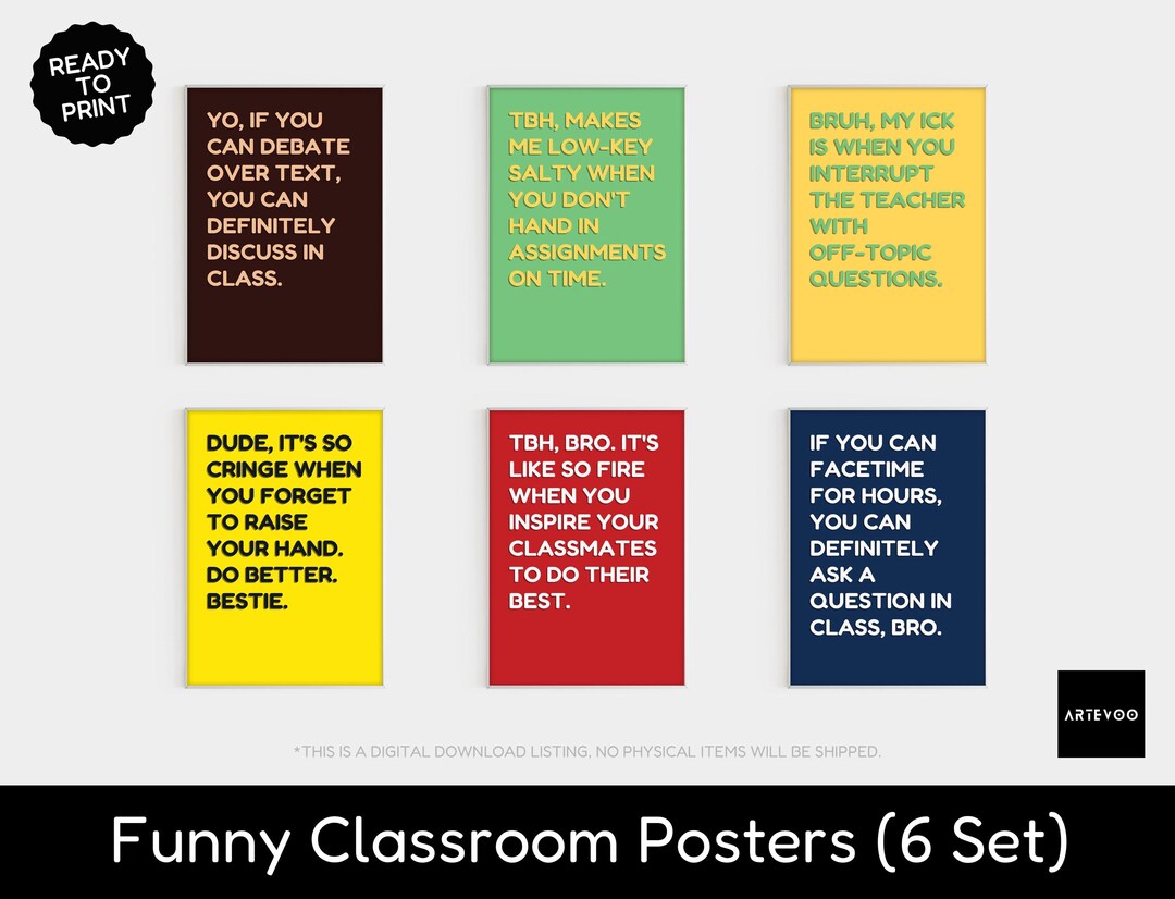 Funny Classroom Posters Bundle, Printable Wall Art Sign for English ...