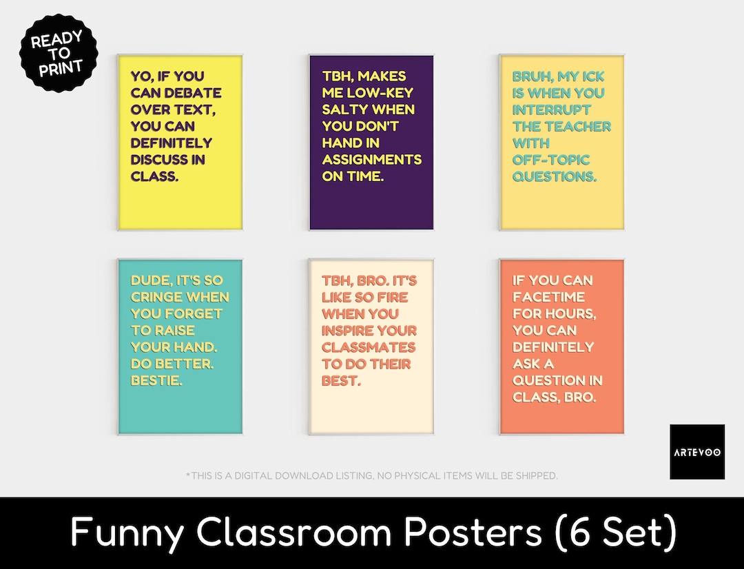 Funny Classroom Posters Bundle, Printable Wall Art Sign for English ...