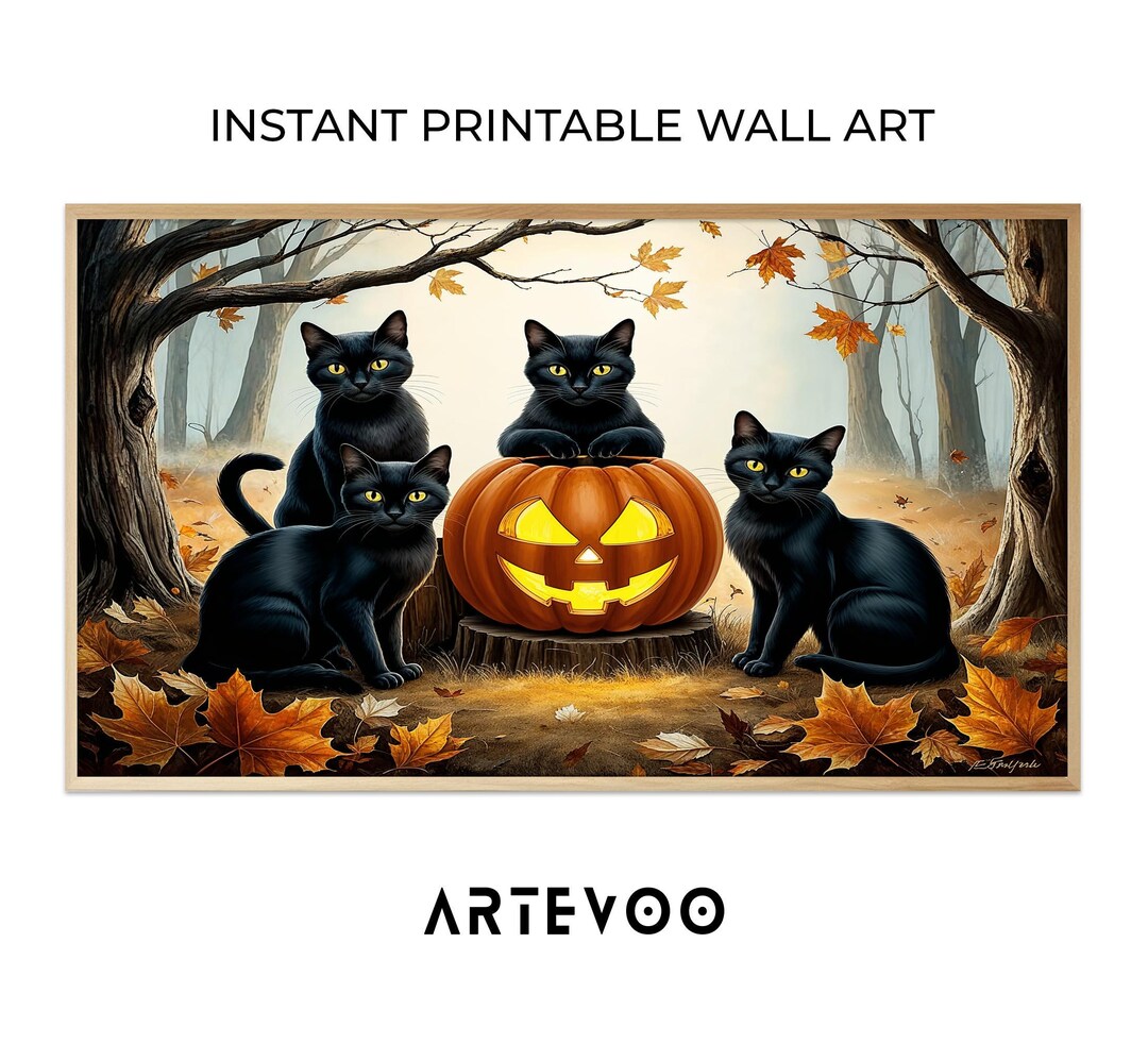 Black Cat Kitten Cute Pumpkin, Halloween Printable Wall Art Decor, Dark ...