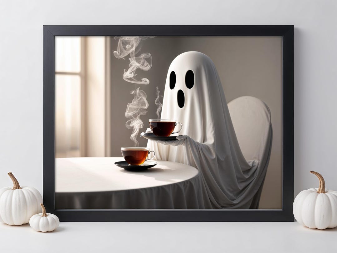 Ghost Drinking Tea, Halloween Printable Wall Art Decor, Dark Vintage ...