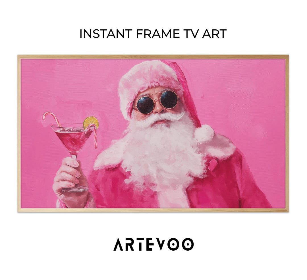 Retro Pink Santa Martini Samsung Frame TV Art, Playful Xmas Digital ...