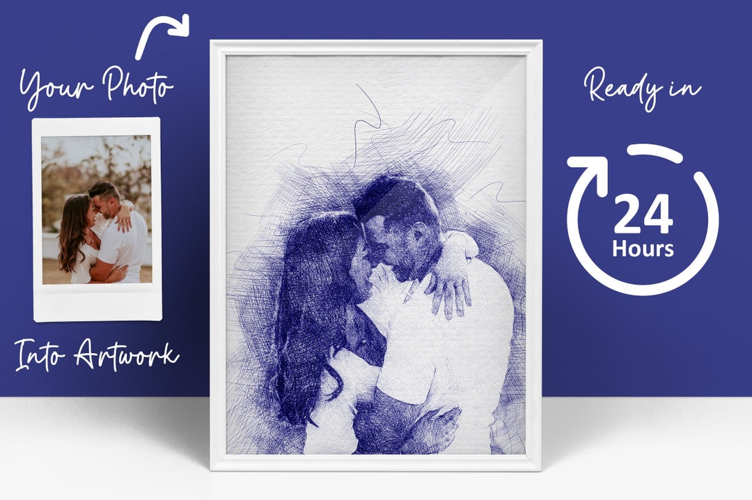 Couple Pen Sketch Painting Portrait From Photo, Romantic Wedding ...