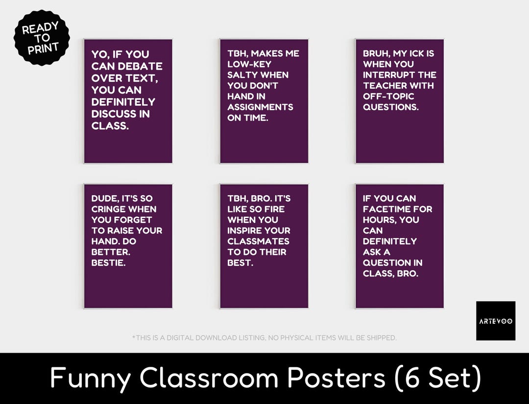 Funny Classroom Posters Bundle, Printable Wall Art Sign for English ...