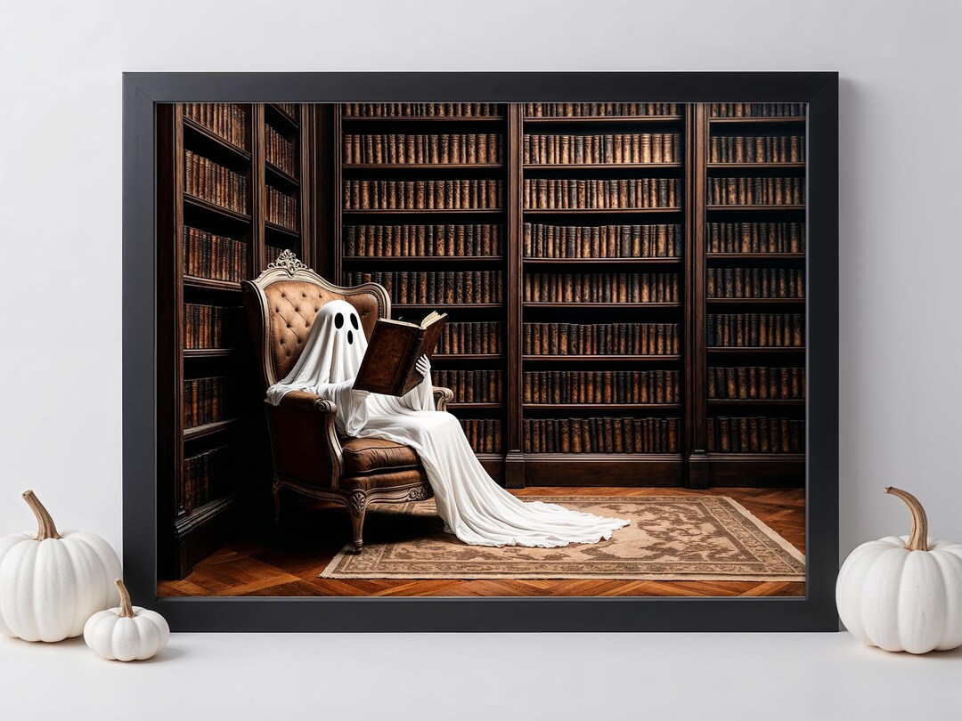 Ghost Reading A Book in Library, Halloween Printable Wall Art Decor ...