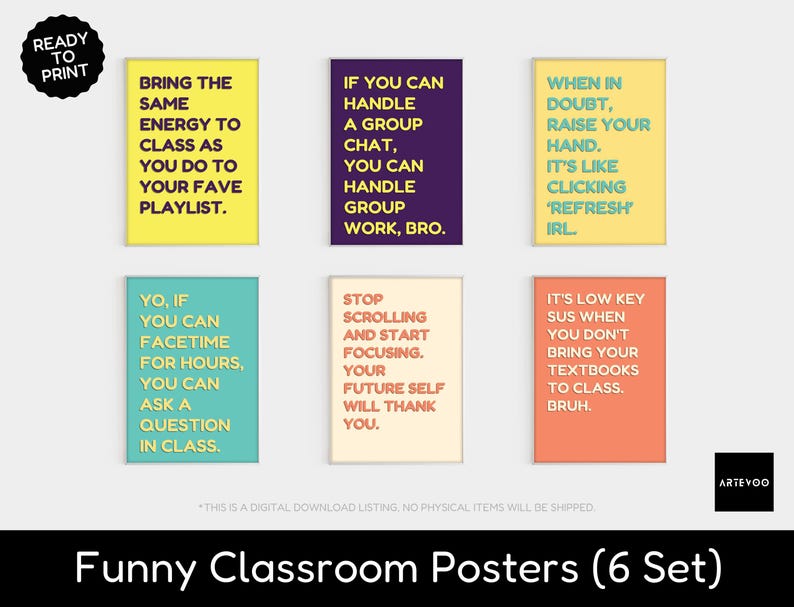 Funny Classroom Posters Bundle, Printable Wall Art Sign for English ...