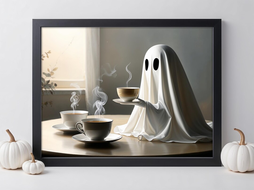 Ghost Drinking Tea, Halloween Printable Wall Art Decor, Dark Vintage Spooky Academia Haunted ...